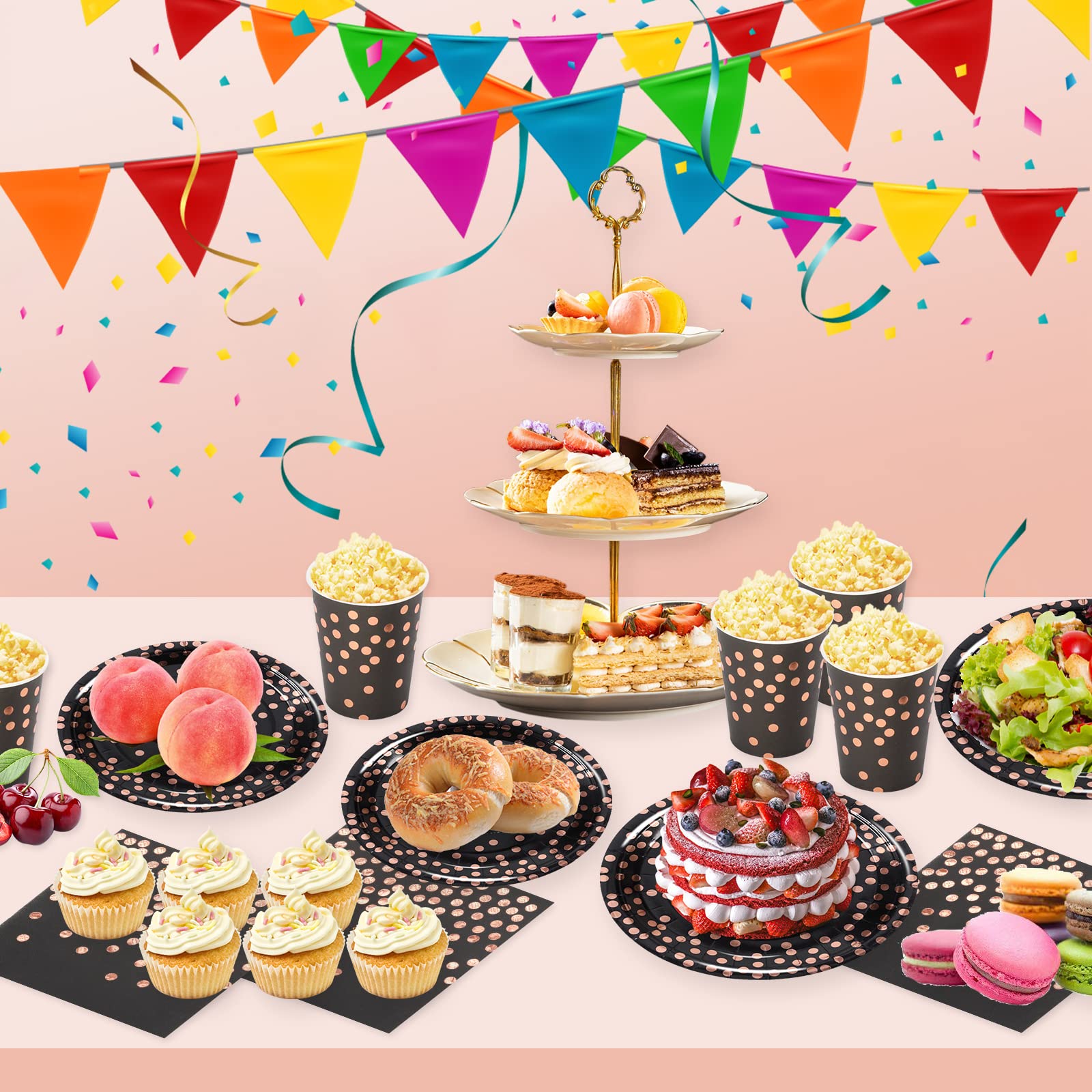 Simbago Black and Rose Gold Party Supplies-Disposable Dinnerware Set 50 Paper Plates 50 Dessert Plates 50 Cups 50 Napkins,Retirement Birthday