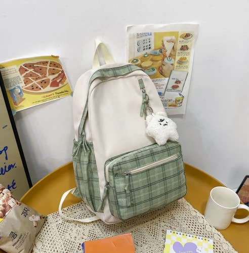 MBVBN Cute Plush Pendant Plaid Backpack Patchwork Travel Student Laptop Bag (Green), Medium