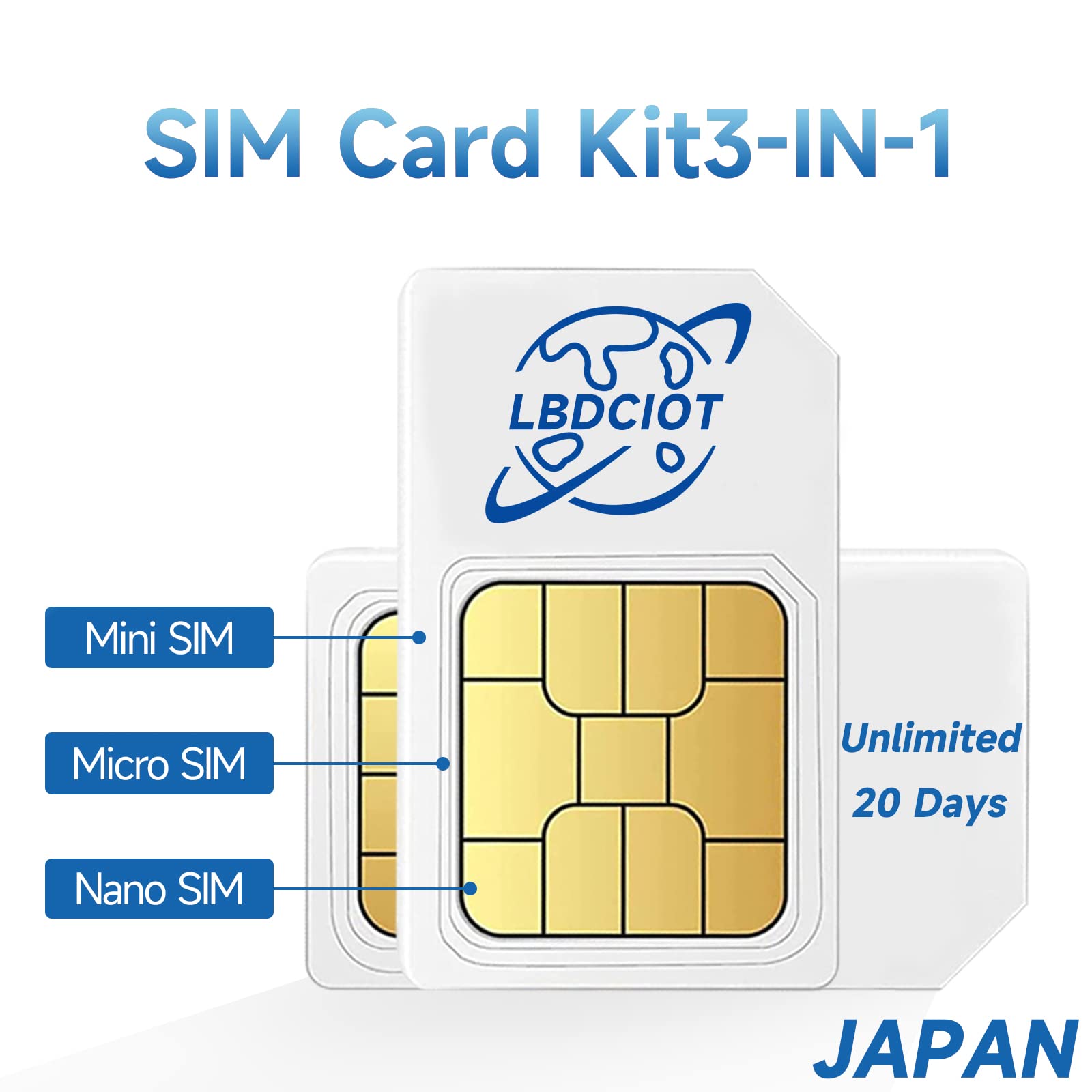LBDCIOT Japan 20 Days Unlimited Data SIM Card, Japan Travel SIM Card. 3 in 1 prepaid SIM Card. International SIM Card for Business Travel. 4G high-Speed Operational Network with Unlimited Speed
