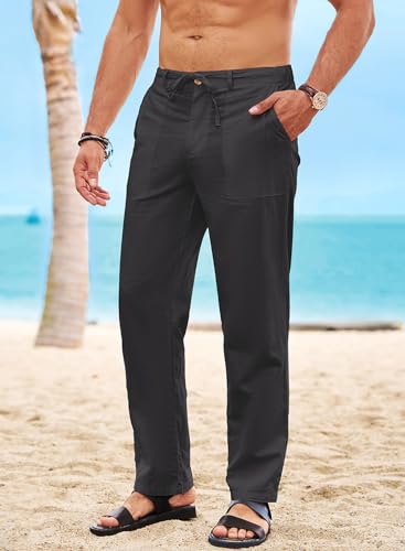 JMIERR Mens Casual Linen Pants Loose Fit Lightweight Elastic Drawstring Trousers Summer Beach Yoga Pant US 38(XL) Dark Grey