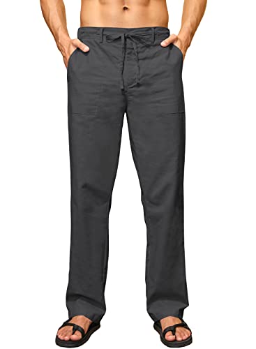 JMIERR Mens Casual Linen Pants Loose Fit Lightweight Elastic Drawstring Trousers Summer Beach Yoga Pant US 38(XL) Dark Grey