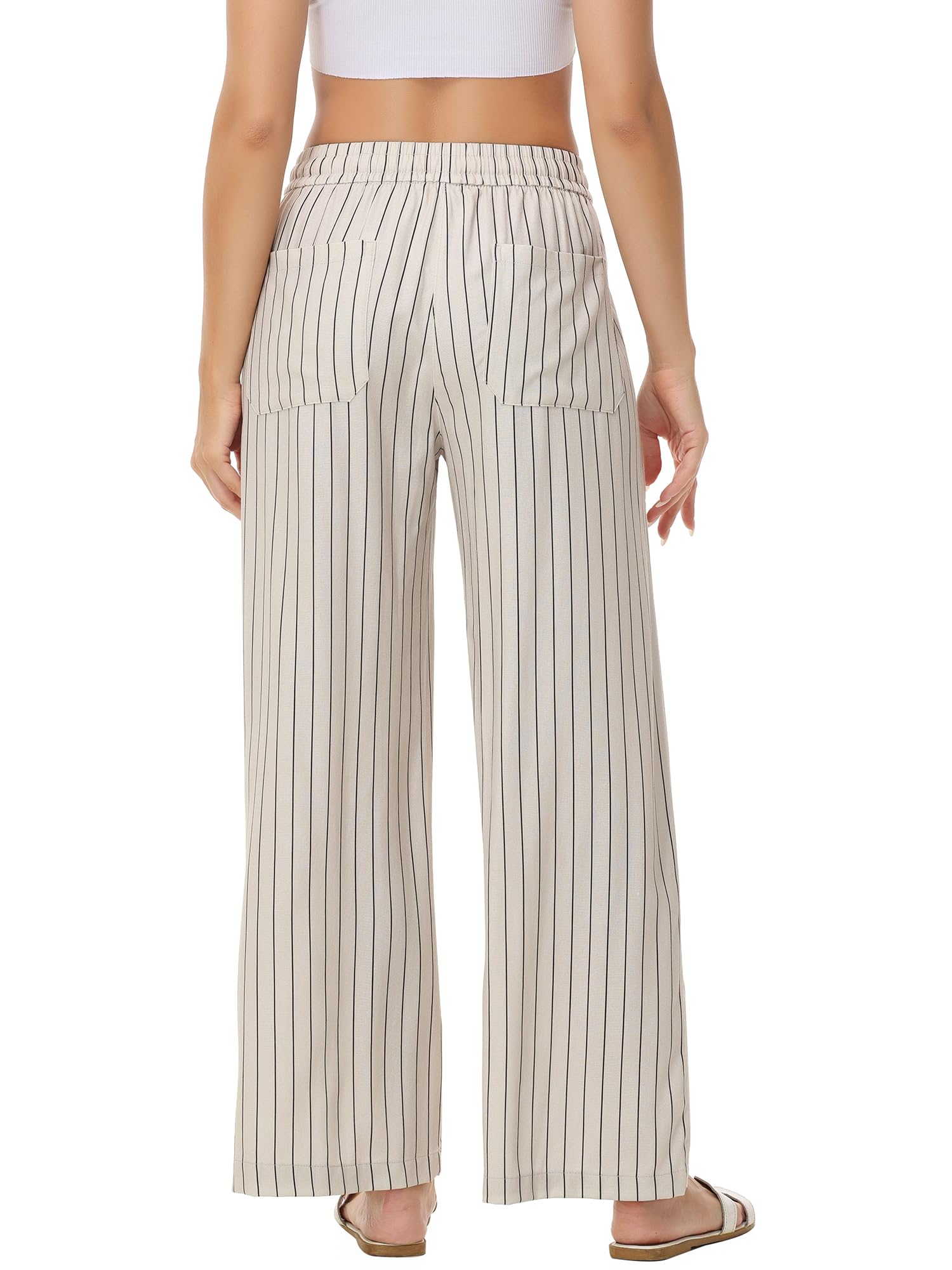 MCEDAR Linen Blend Pants for Women High Waisted Wide Leg Striped Drawstring Beach Pants with Pockets Sgrey-E2XL