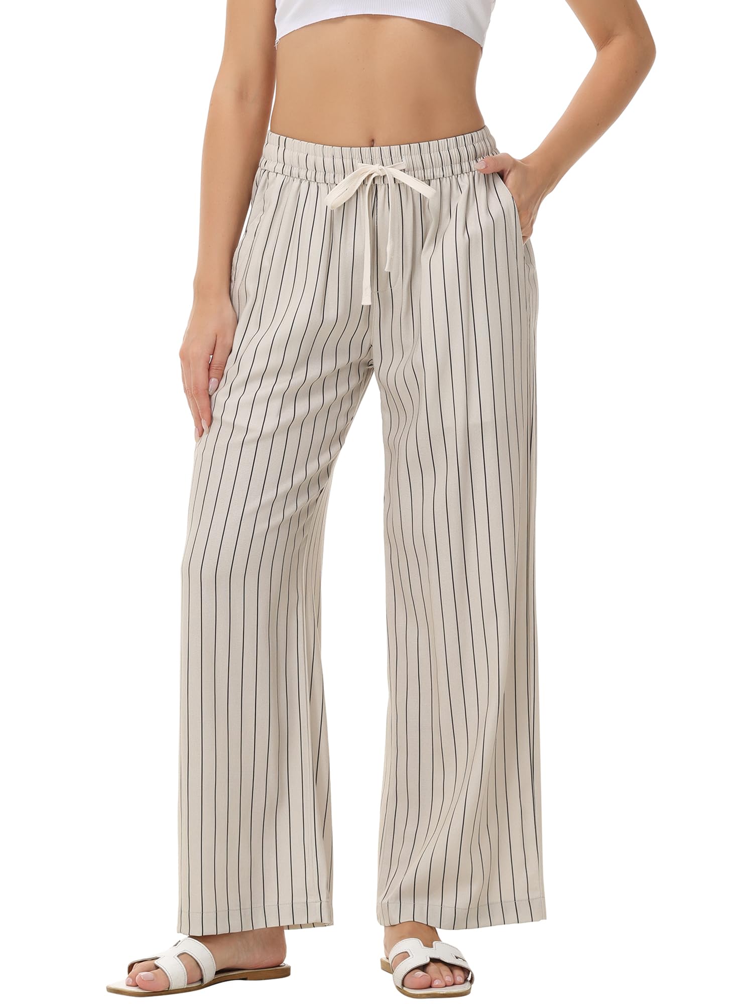 MCEDAR Linen Blend Pants for Women High Waisted Wide Leg Striped Drawstring Beach Pants with Pockets Sgrey-E2XL
