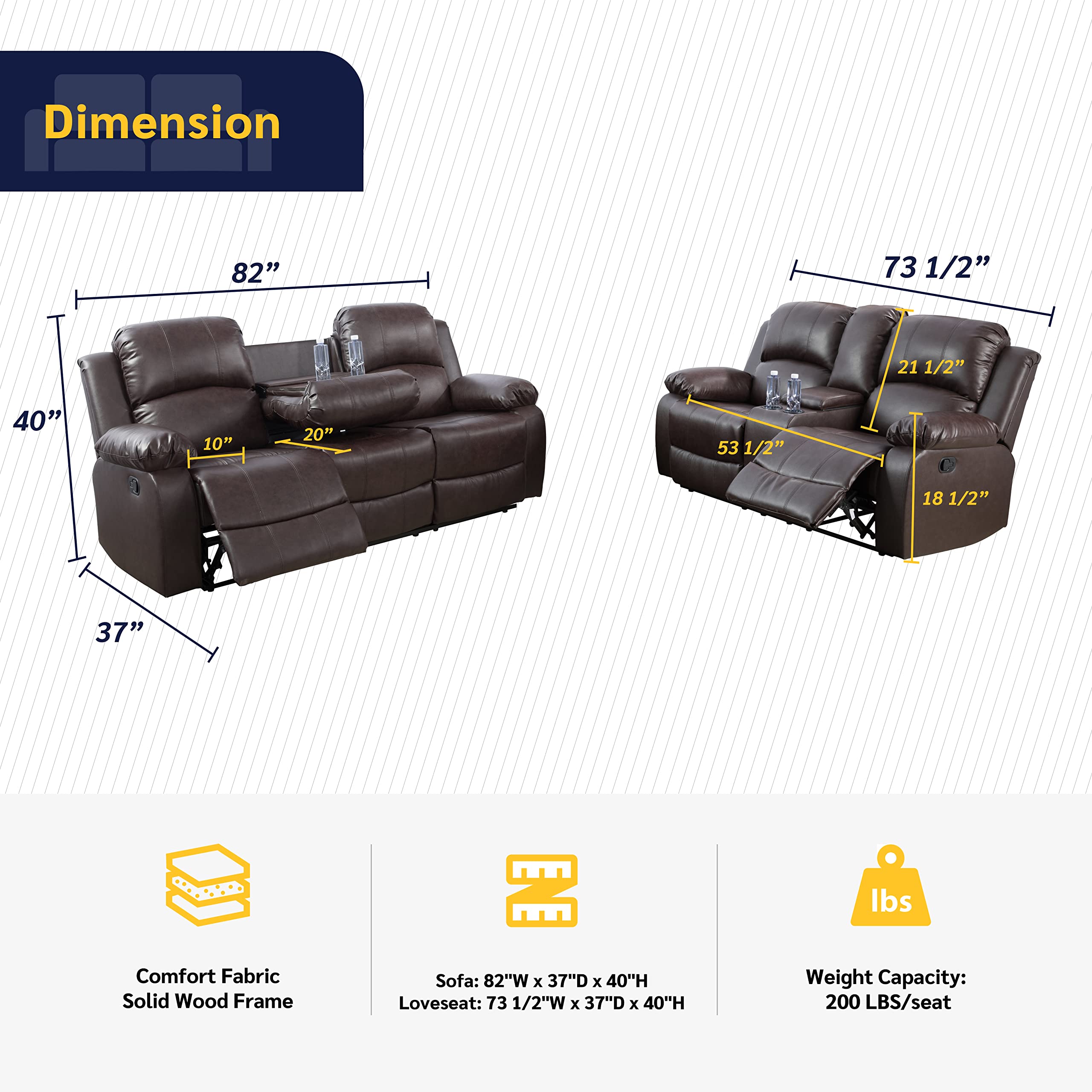 Beverly Fine Furniture Alpine Living Room Recliner Set Include Love seat, Sofa, 2-Piece