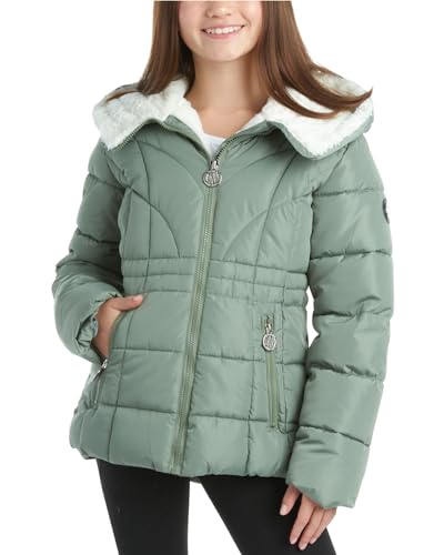 DKNY Girls' Winter Coat - Sherpa Fur Lined Heavyweight Quilted Puffer Parka - Insulated Winter Ski Jacket for Girls (4-16), Size 7-8, Sage