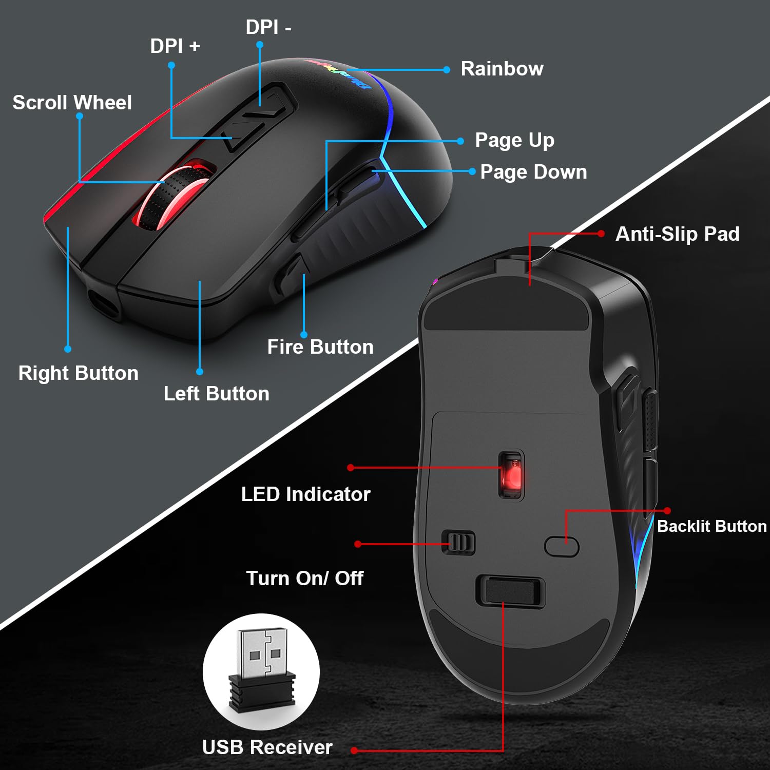 BlueFinger Wireless Gaming Keyboard and Mouse Combo, Long Lasting Rechargeable Battery 87 Keys RGB Rainbow Backlit Gaming Keyboard & Ergonomic Light Up Gaming Mice for Mac Laptop Computer PC Gamer