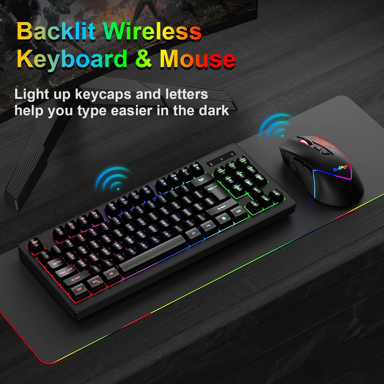 BlueFinger Wireless Gaming Keyboard and Mouse Combo, Long Lasting Rechargeable Battery 87 Keys RGB Rainbow Backlit Gaming Keyboard & Ergonomic Light Up Gaming Mice for Mac Laptop Computer PC Gamer
