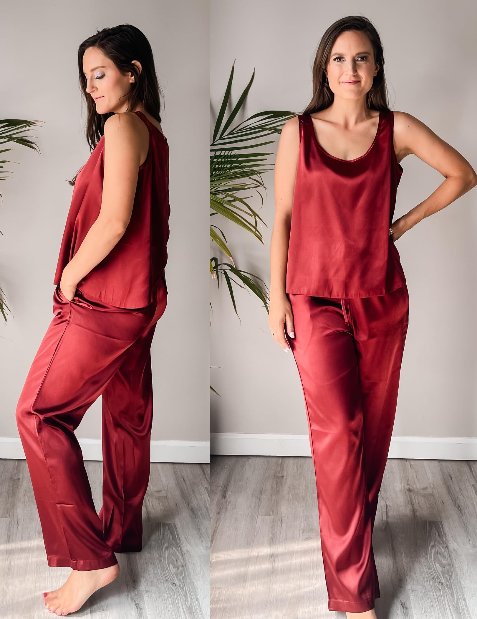 Ekouaer Womens Satin Pajamas Set Back Split Top and Long Pant Silk Pj Set Tank Sleepwear S-XXL Wine Red