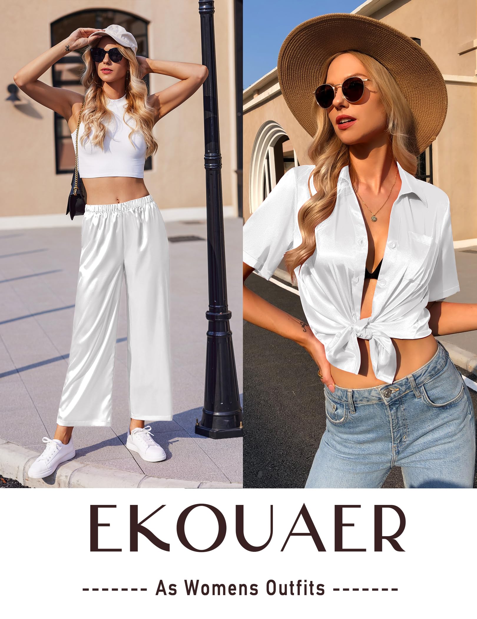 Ekouaer Womens Silk Satin Pajama Sets 2 Piece Pjs Soft Button Down Sleepwear Wide Leg Long Pants Loungewear with Pockets White
