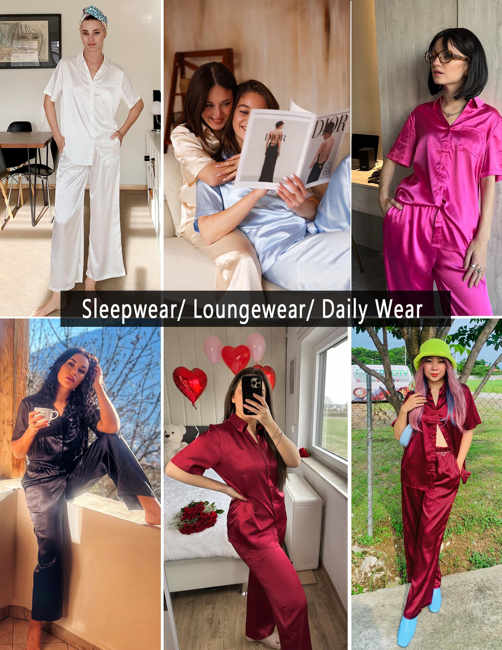 Ekouaer Womens Silk Satin Pajama Sets 2 Piece Pjs Soft Button Down Sleepwear Wide Leg Long Pants Loungewear with Pockets White