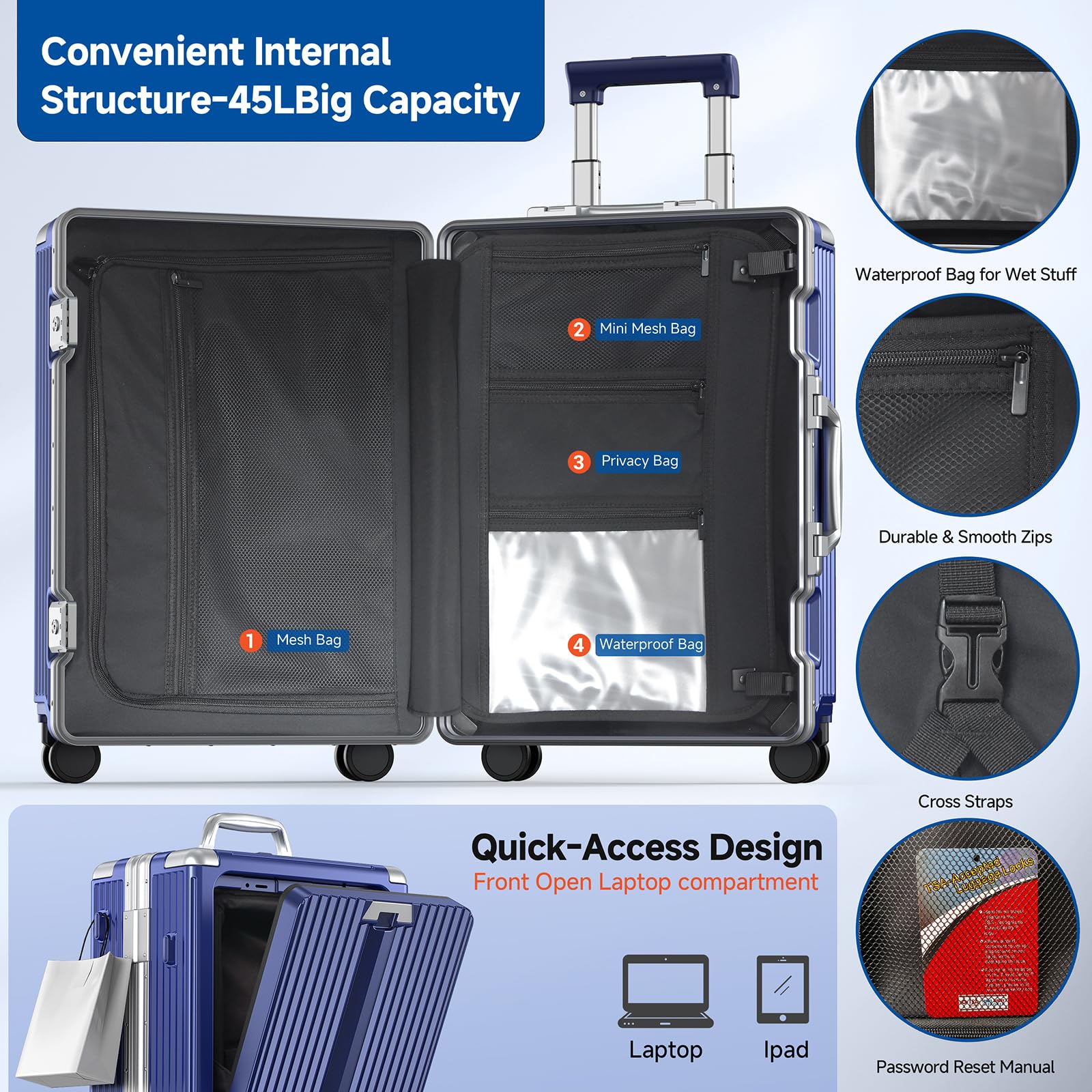 SOMODE Airline Approved Carry On Luggage with Spinner Wheels,Aluminum Framed Carry On Suitcase with Front Laptop Compartment/Cup Holder,22×14×9 inch Checked-in Luggage with Flexible Handle (Blue)