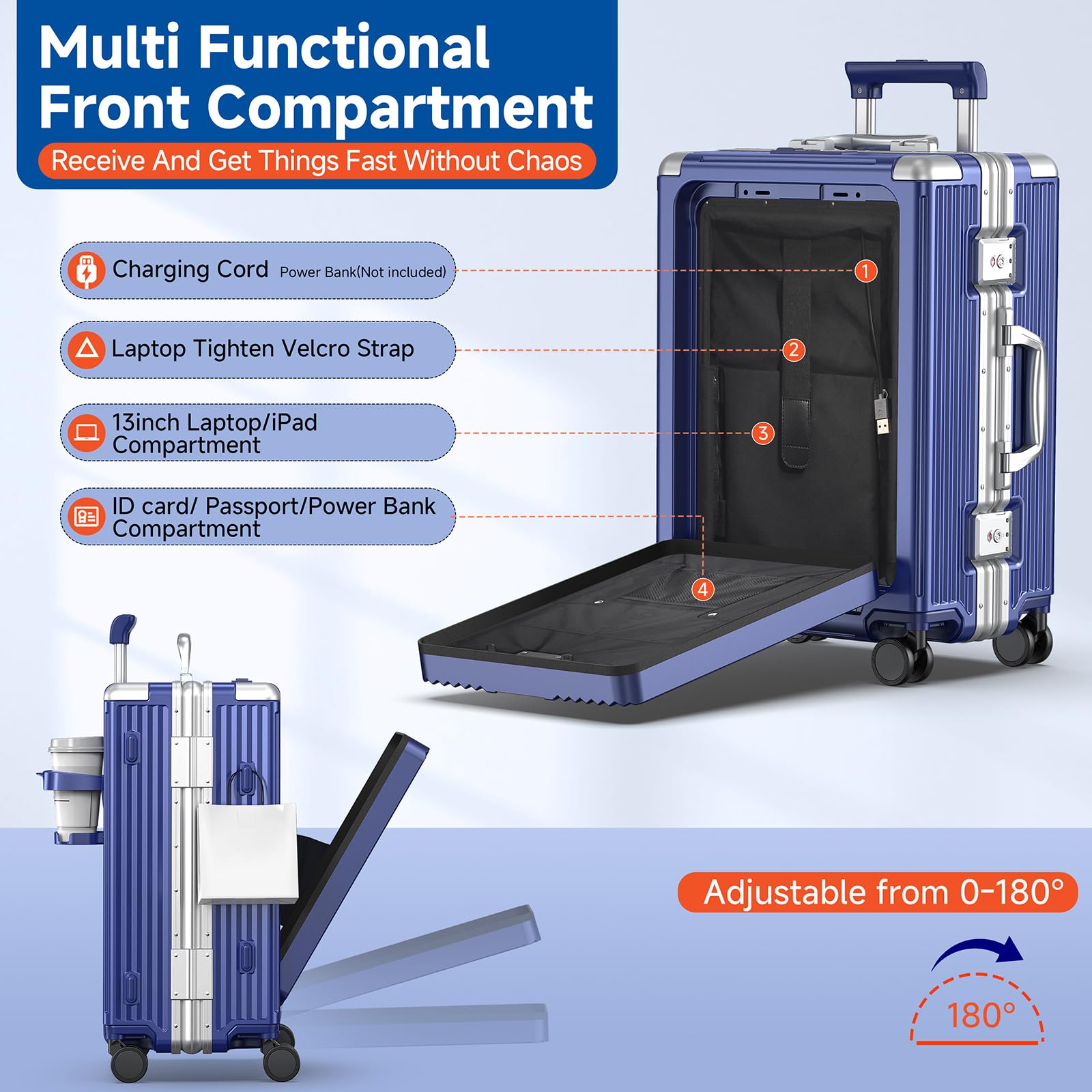 SOMODE Airline Approved Carry On Luggage with Spinner Wheels,Aluminum Framed Carry On Suitcase with Front Laptop Compartment/Cup Holder,22×14×9 inch Checked-in Luggage with Flexible Handle (Blue)