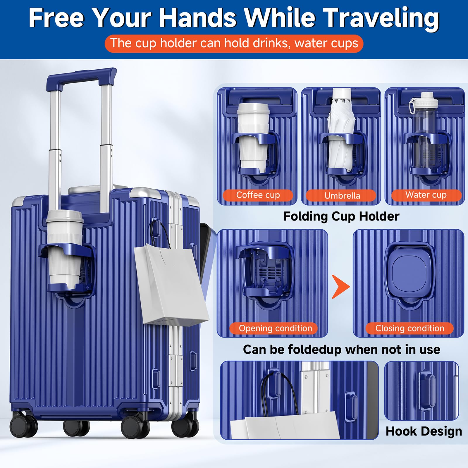 SOMODE Airline Approved Carry On Luggage with Spinner Wheels,Aluminum Framed Carry On Suitcase with Front Laptop Compartment/Cup Holder,22×14×9 inch Checked-in Luggage with Flexible Handle (Blue)