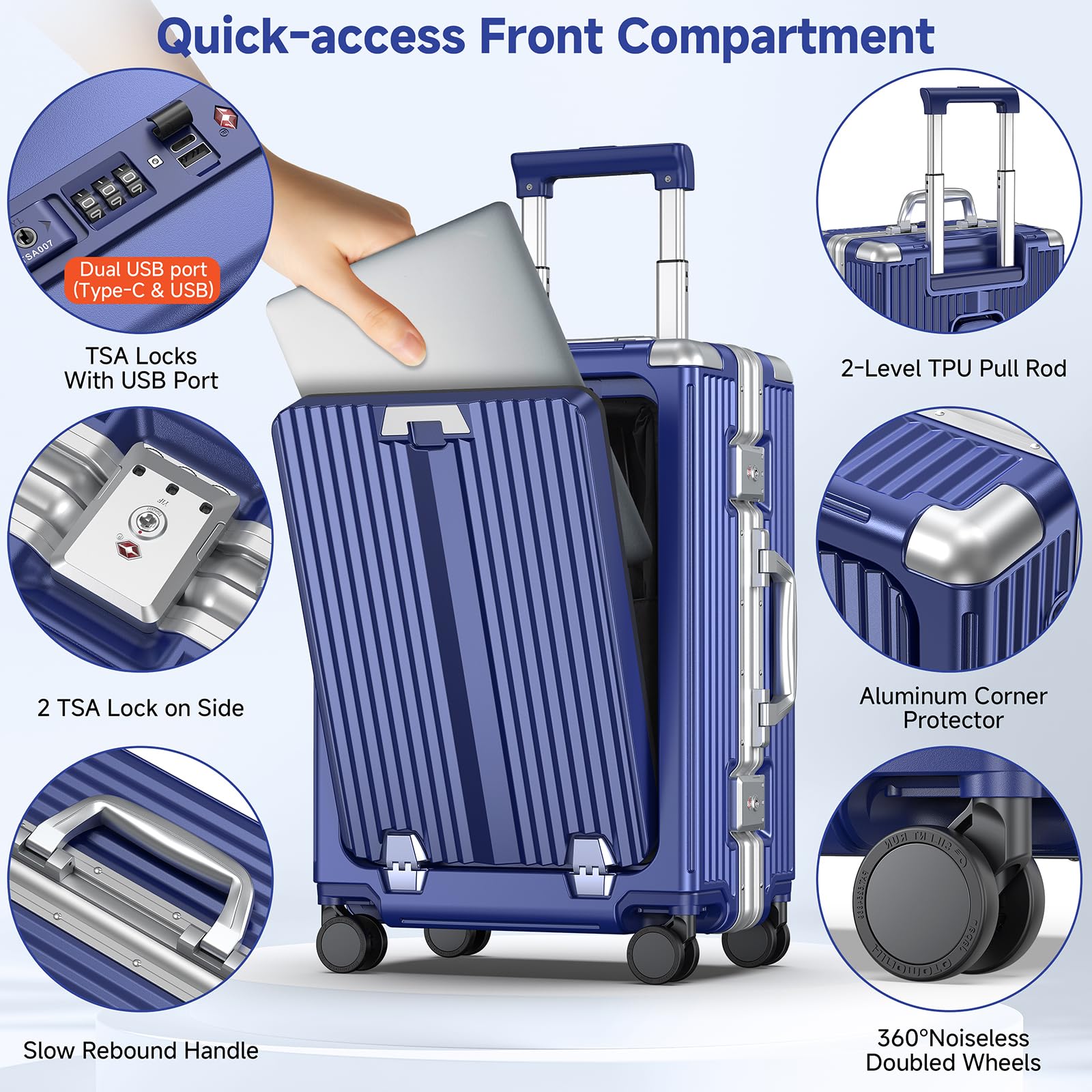 SOMODE Airline Approved Carry On Luggage with Spinner Wheels,Aluminum Framed Carry On Suitcase with Front Laptop Compartment/Cup Holder,22×14×9 inch Checked-in Luggage with Flexible Handle (Blue)