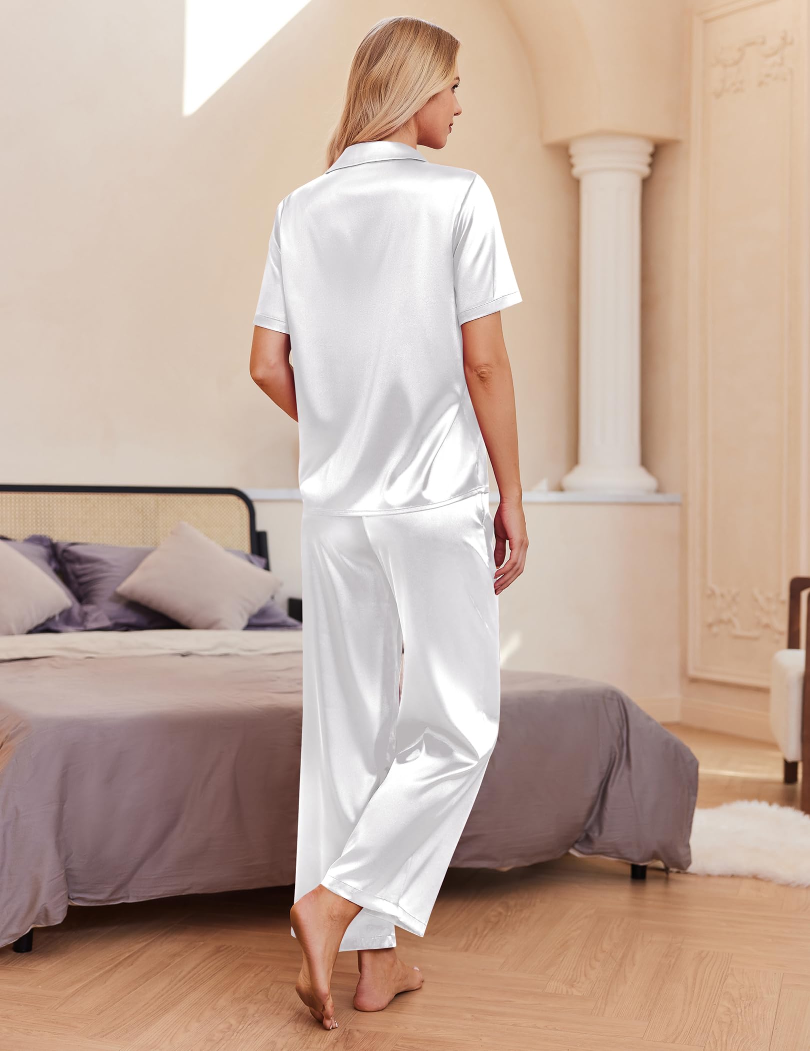 Ekouaer Womens Silk Satin Pajama Sets 2 Piece Pjs Soft Button Down Sleepwear Wide Leg Long Pants Loungewear with Pockets White