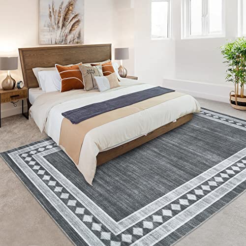 RUGSREAL Large Area Rug 8x10 Solid Rug Grey Bordered Rug Modern Geometric Boho Rug, Anti-Slip Backing Rugs for Living Room, Foldable Machine Washable Area Rug(8'x10', Grey)