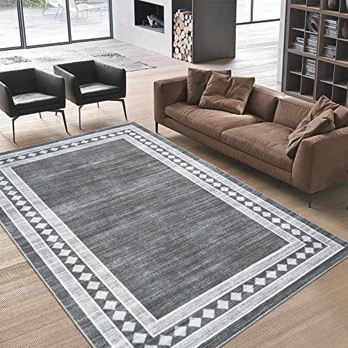 RUGSREAL Large Area Rug 8x10 Solid Rug Grey Bordered Rug Modern Geometric Boho Rug, Anti-Slip Backing Rugs for Living Room, Foldable Machine Washable Area Rug(8'x10', Grey)