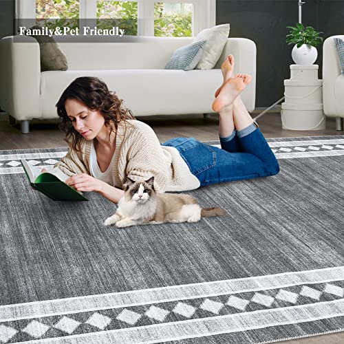 RUGSREAL Large Area Rug 8x10 Solid Rug Grey Bordered Rug Modern Geometric Boho Rug, Anti-Slip Backing Rugs for Living Room, Foldable Machine Washable Area Rug(8'x10', Grey)