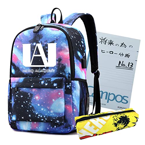 MHA Luminous Backpack Academia Notebook Izuku Notebook Laptop Backpack with USB Charging Port Unisex Bookbag Daypack (Galaxy)