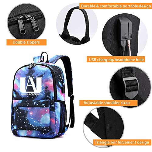 MHA Luminous Backpack Academia Notebook Izuku Notebook Laptop Backpack with USB Charging Port Unisex Bookbag Daypack (Galaxy)