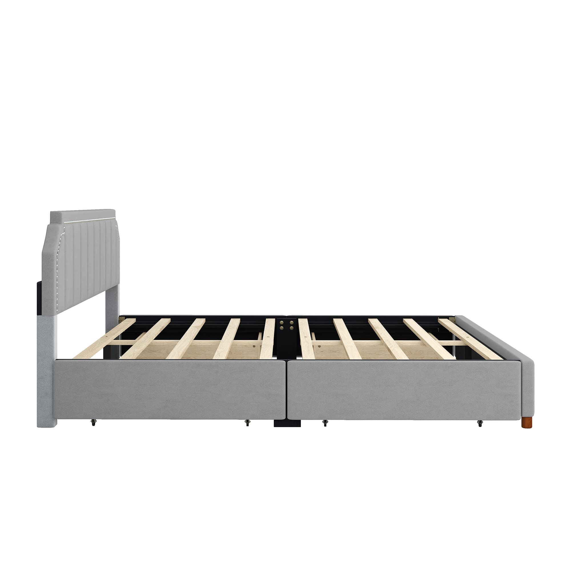 Lepfun King Size Velvet Upholstery Storage Bed, Upholstered Platform Bed with Four Storage Drawers, Headboard and Support Legs, No Box Spring Needed, Grey