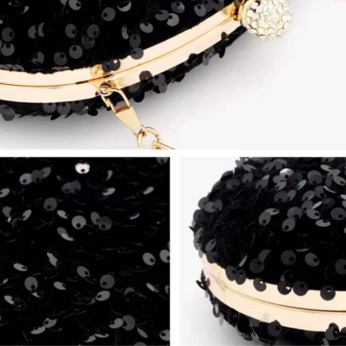 IAMUHI Sequins Evening Handbags and Purses for Women,Ladies Small Oval Top Handle Clutch Crossbody Bag with Chain,Black
