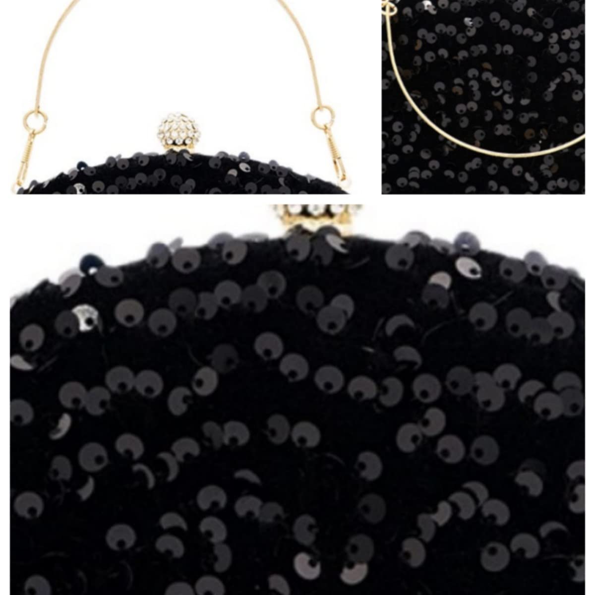 IAMUHI Sequins Evening Handbags and Purses for Women,Ladies Small Oval Top Handle Clutch Crossbody Bag with Chain,Black