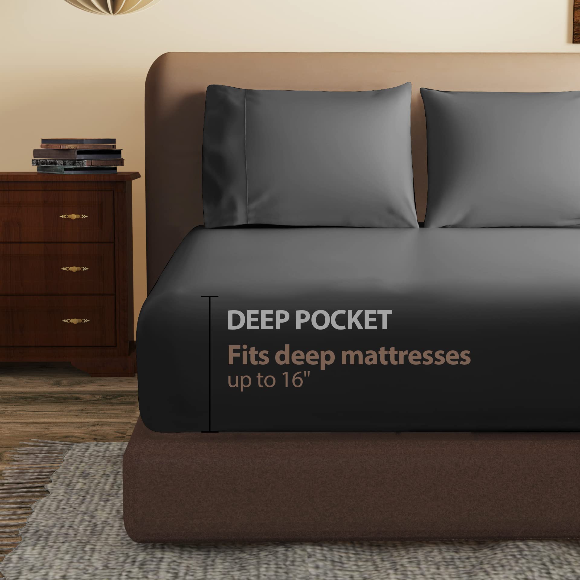 100% Egyptian Cotton Fitted Sheet Twin Size Black, 600 Thread Count, 8-16" Deep Pocket Sheet, Soft & Elastic Sateen Weave Bottom Sheet for Hotel & Home (Black, 1 Pack Fitted Sheet Only,Twin)
