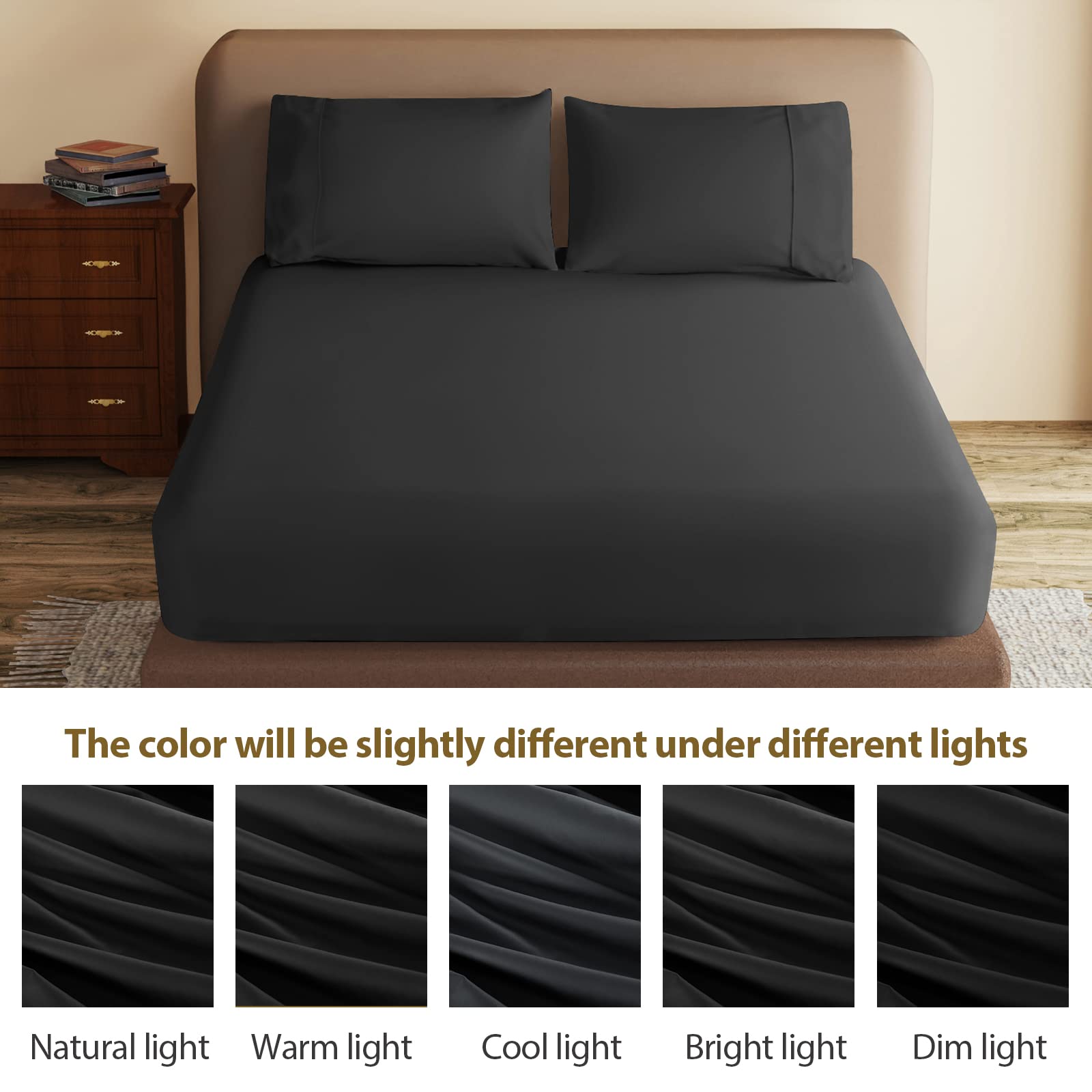 100% Egyptian Cotton Fitted Sheet Twin Size Black, 600 Thread Count, 8-16" Deep Pocket Sheet, Soft & Elastic Sateen Weave Bottom Sheet for Hotel & Home (Black, 1 Pack Fitted Sheet Only,Twin)