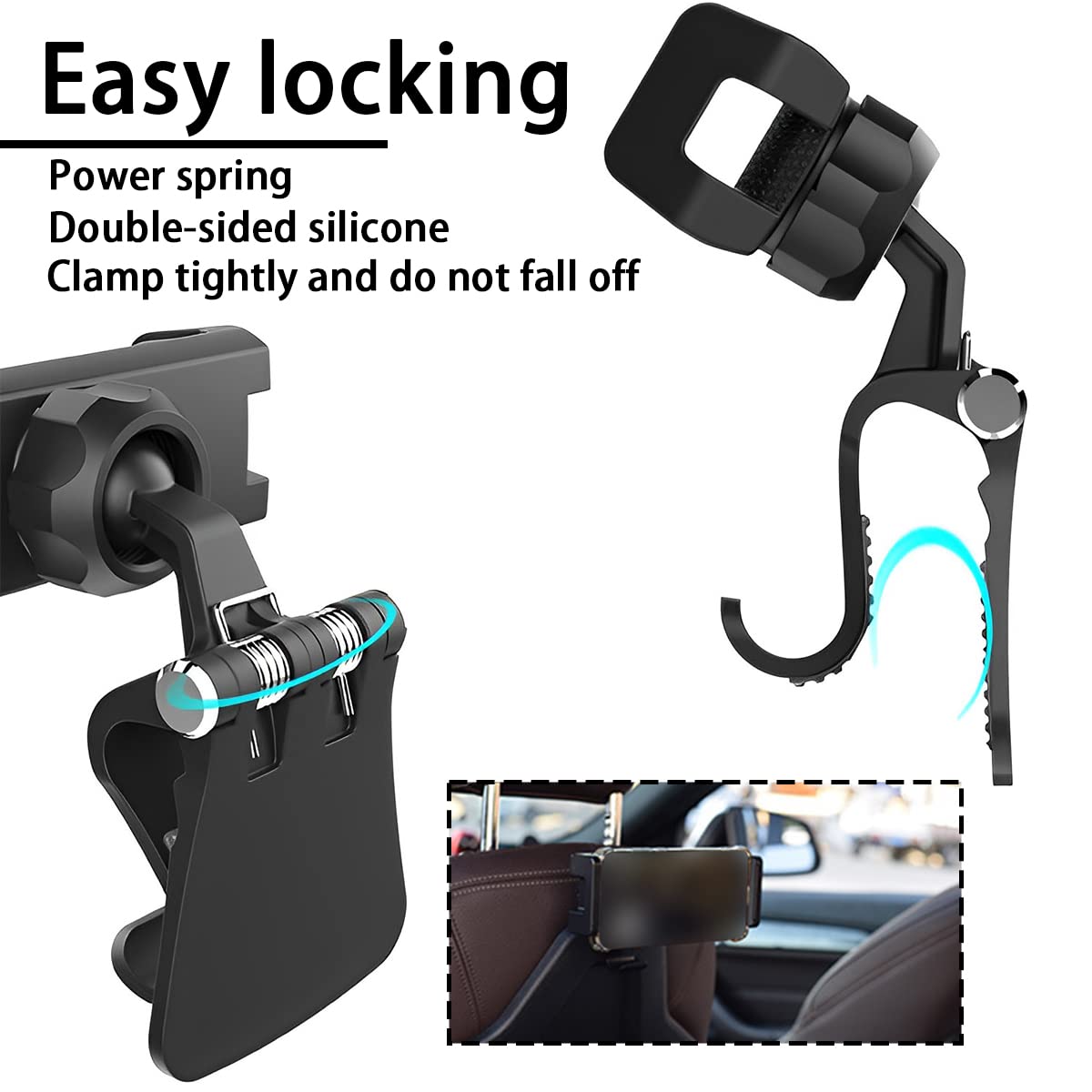 AUCELI Car Phone Holder Mount, Auto Seat Back Hands Free Cell Phone Clip Cradle, Thick Case Friendly, 360° Rotating Adjustable Lock Smartphone Clamp Stand, Car Accessories for Visor, Desk
