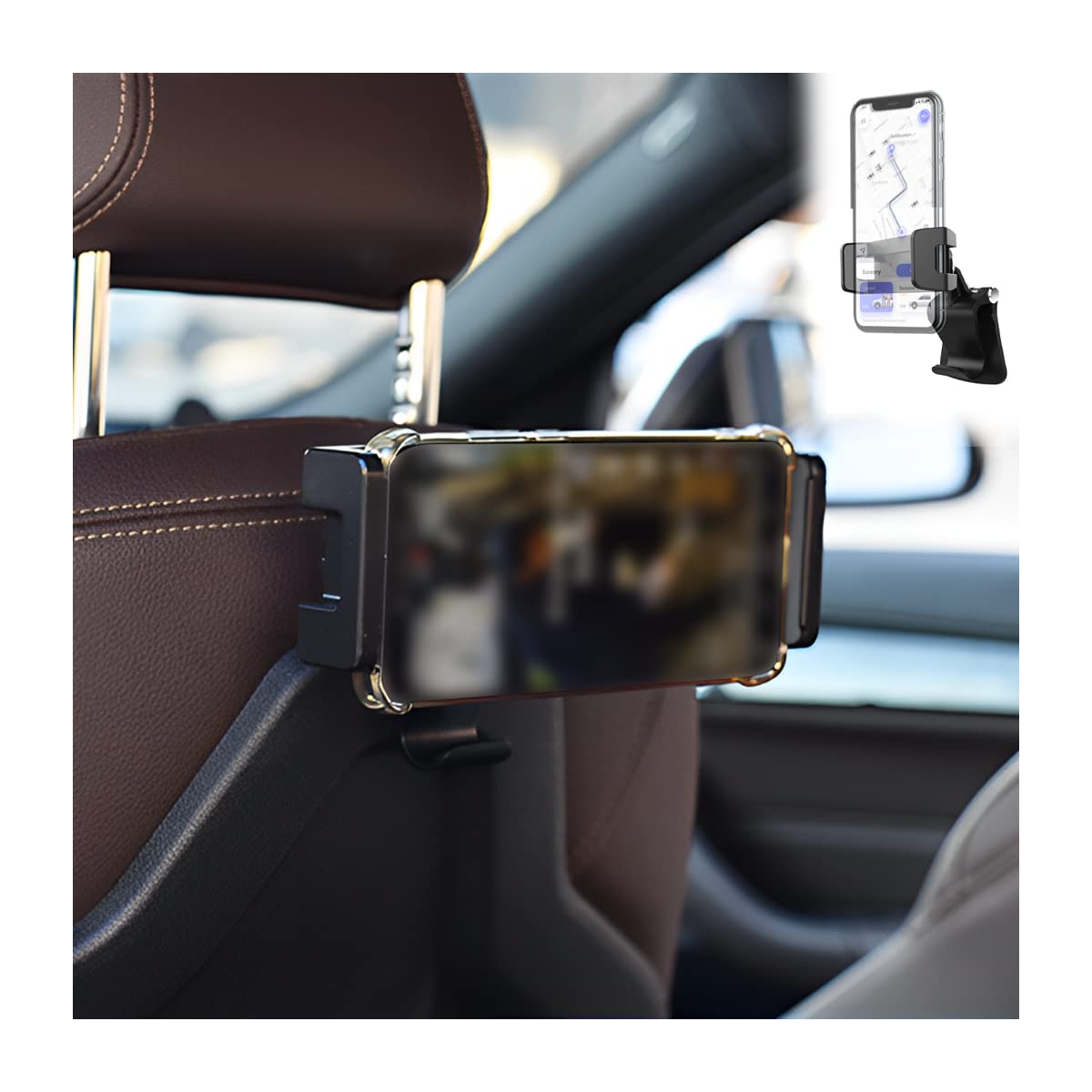AUCELI Car Phone Holder Mount, Auto Seat Back Hands Free Cell Phone Clip Cradle, Thick Case Friendly, 360° Rotating Adjustable Lock Smartphone Clamp Stand, Car Accessories for Visor, Desk