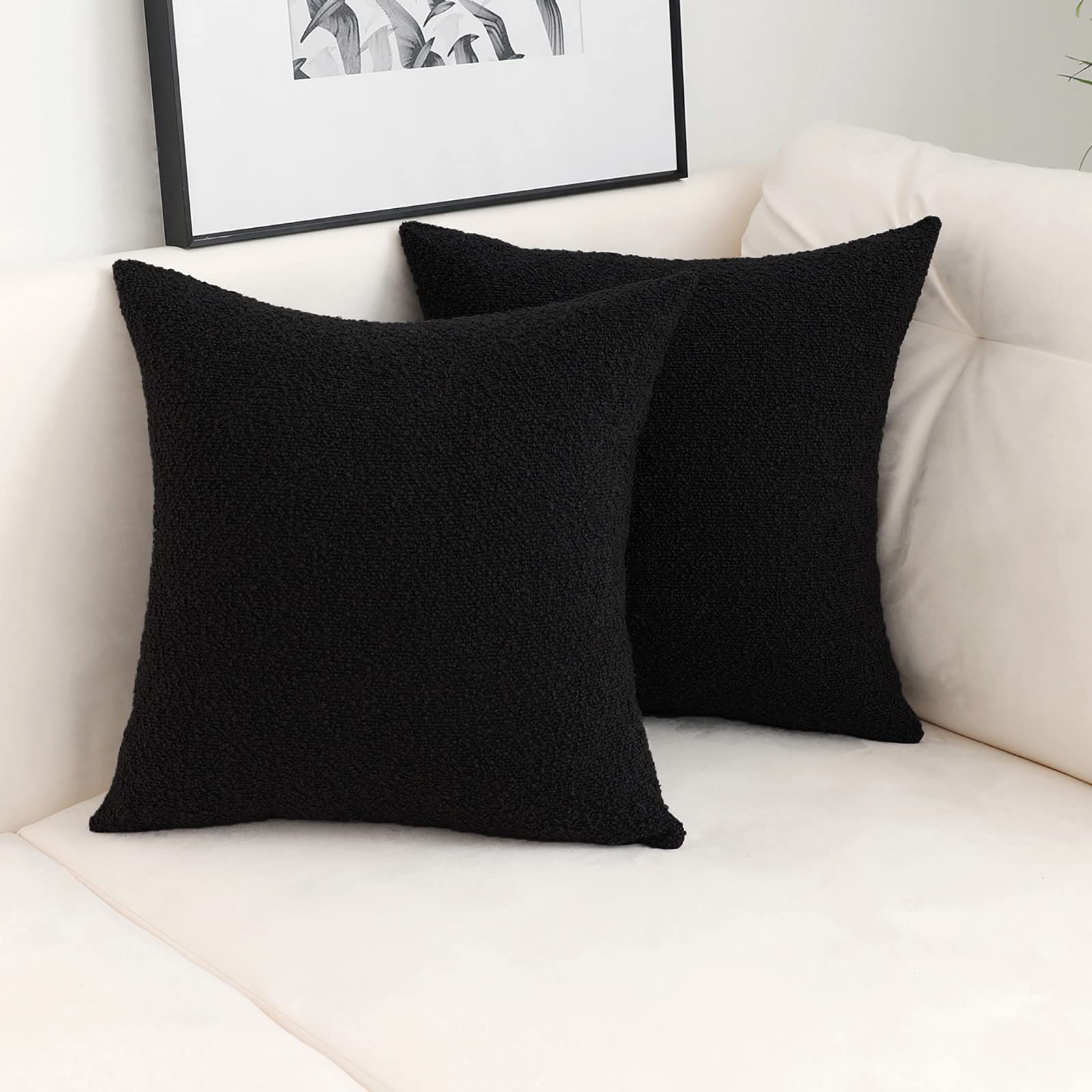 Jeneoo Black Decorative Square Thick Throw Pillow Covers Boucle Couch Cushion Case for Livingroom Sofa Decor, Set of 2, 18 x 18 Inch