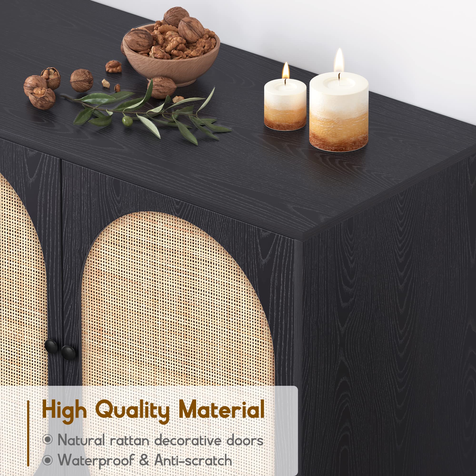 63" W Black Large Rattan Cabinet, Sideboard Buffet Cabinet with Natural Rattan Hand-Woven Doors, Accent Buffet Console Storage Credenza, for Living Room Hallway Kitchen, Metal Legs, Natural-2 Pieces