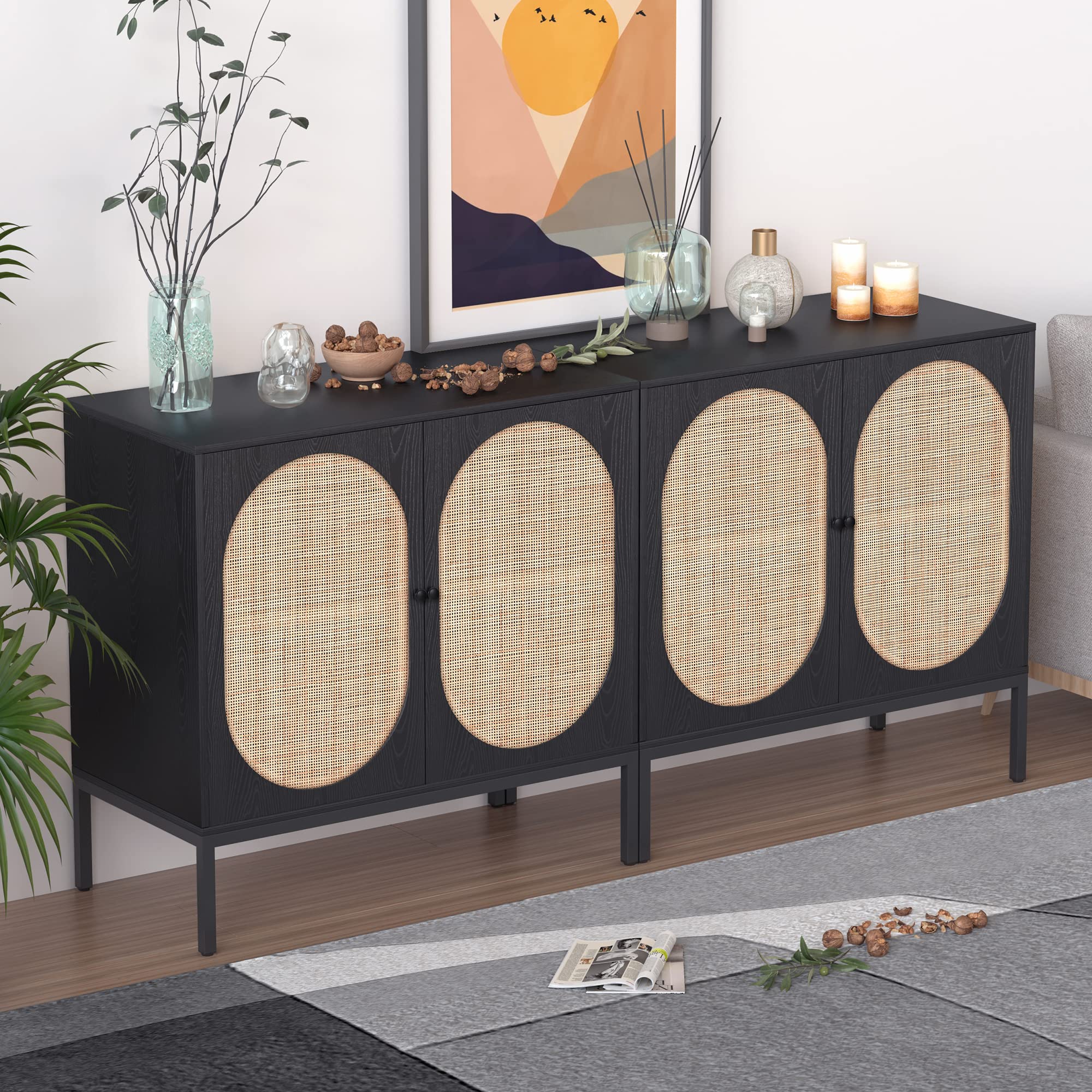 63" W Black Large Rattan Cabinet, Sideboard Buffet Cabinet with Natural Rattan Hand-Woven Doors, Accent Buffet Console Storage Credenza, for Living Room Hallway Kitchen, Metal Legs, Natural-2 Pieces