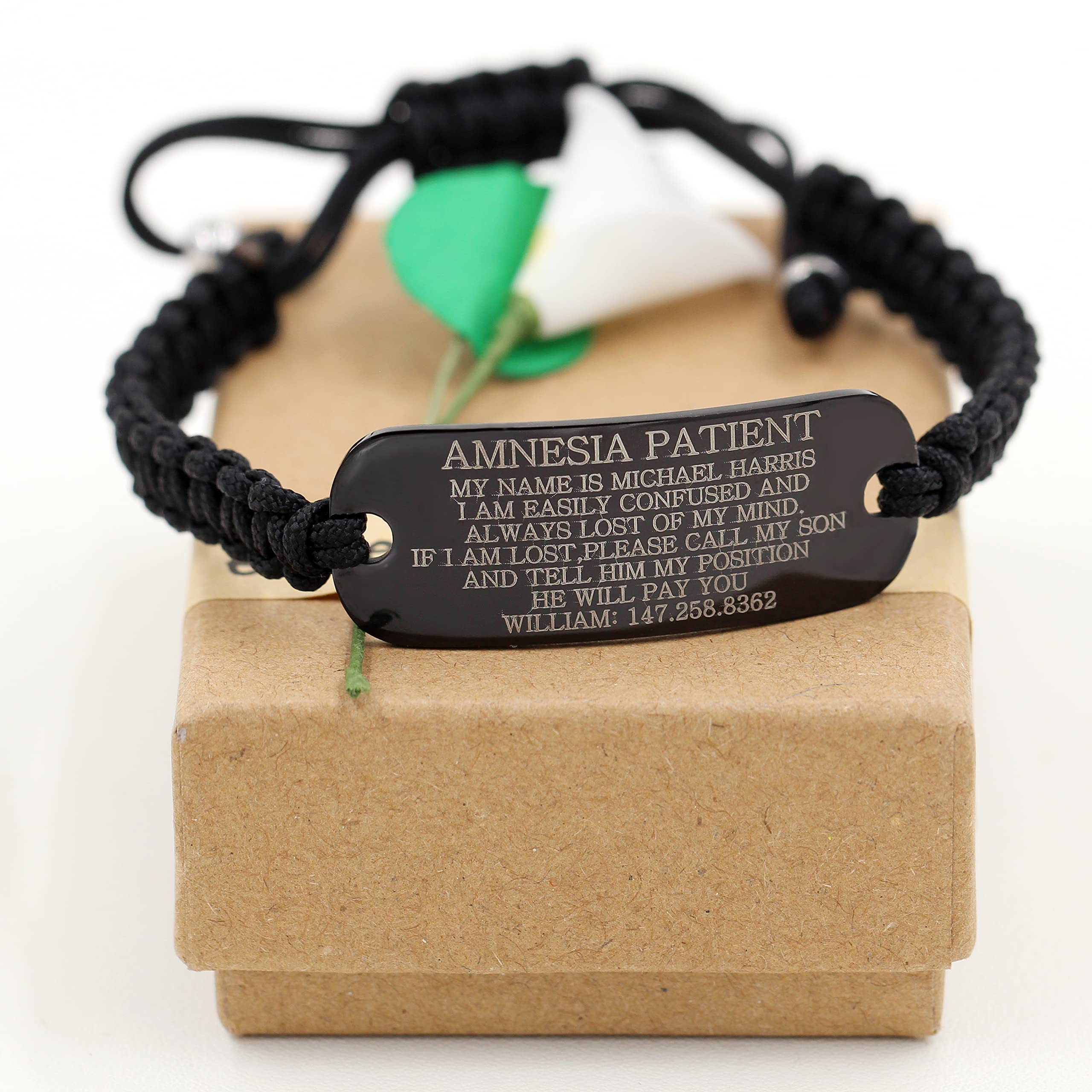 Custom Name Identity Bracelet for Dementia, Handmade Personalized Name ID Bar bracelet for Mother Father Grandma Grandpa Y1464-4D (2Pieces:Black+Black)