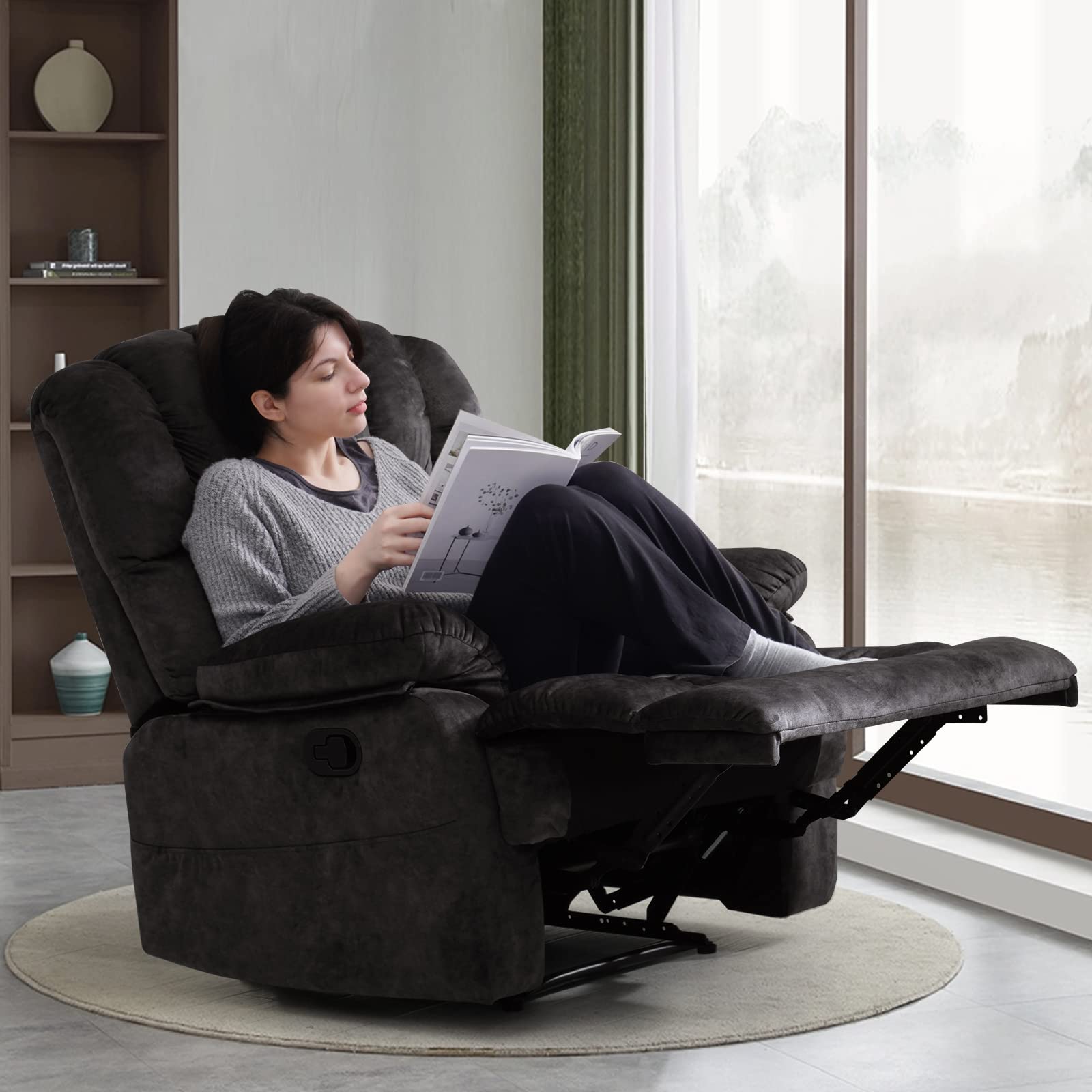 EASELAND Oversized Wide Recliner Chair, Manual Recliner Single Sofa, Soft Fabric Overstuffed Reclining Chair for Living Room, Theater Seating for Big Man (Dark Grey)