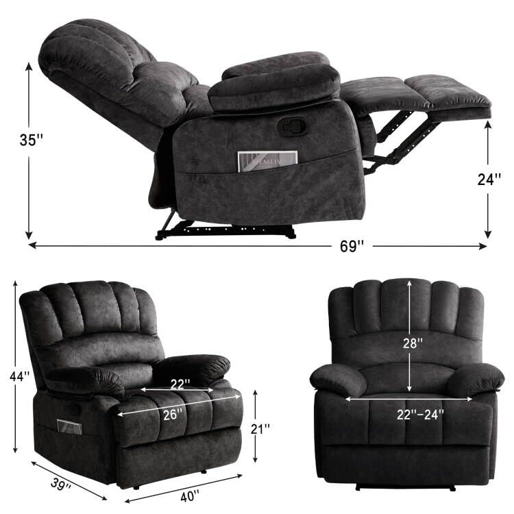 EASELAND Oversized Wide Recliner Chair, Manual Recliner Single Sofa, Soft Fabric Overstuffed Reclining Chair for Living Room, Theater Seating for Big Man (Dark Grey)