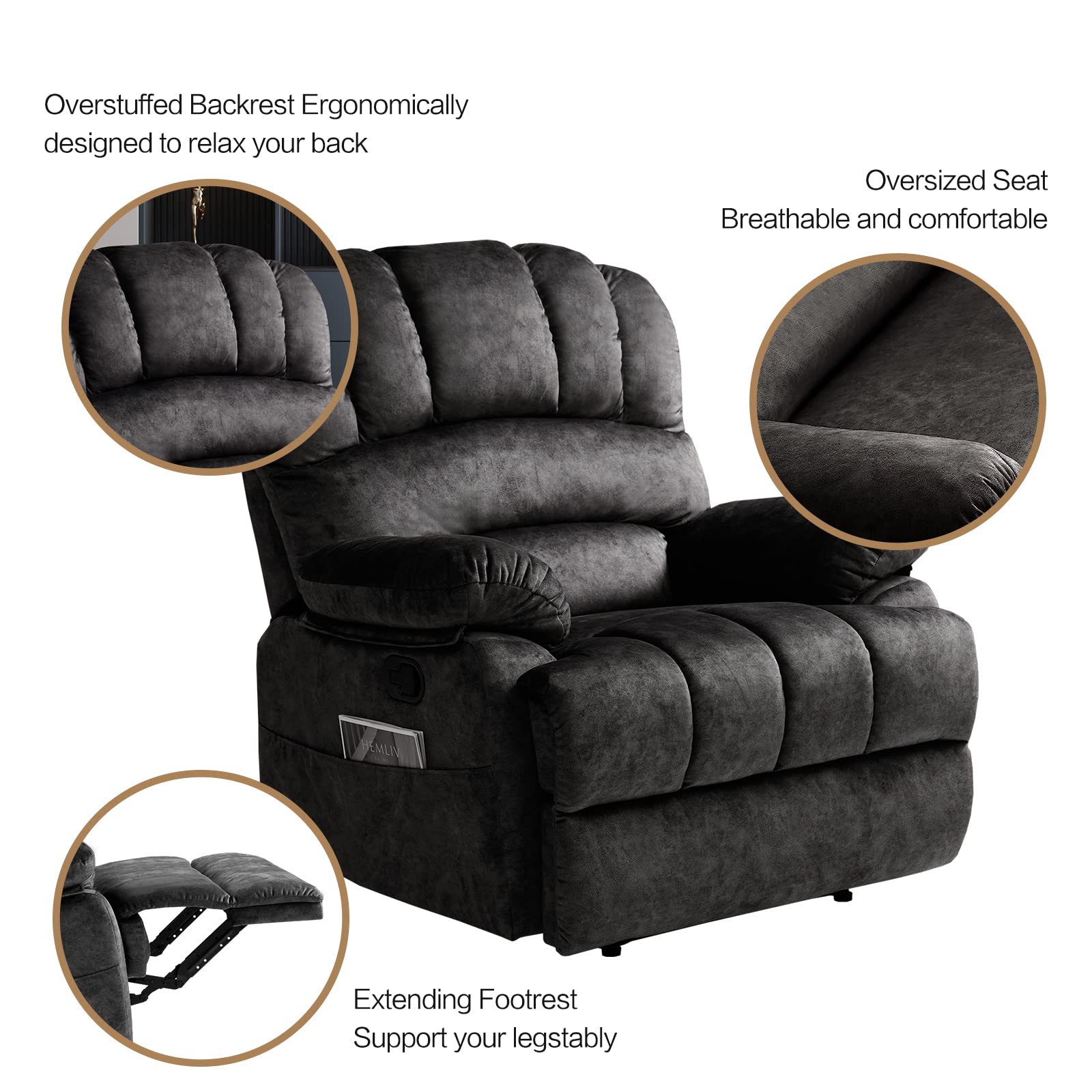 EASELAND Oversized Wide Recliner Chair, Manual Recliner Single Sofa, Soft Fabric Overstuffed Reclining Chair for Living Room, Theater Seating for Big Man (Dark Grey)