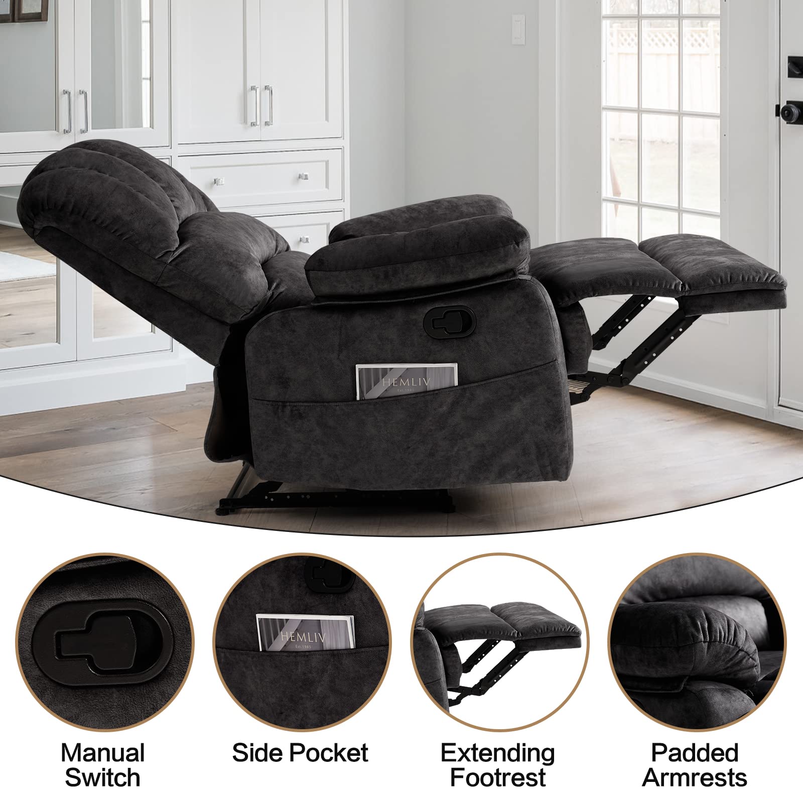 EASELAND Oversized Wide Recliner Chair, Manual Recliner Single Sofa, Soft Fabric Overstuffed Reclining Chair for Living Room, Theater Seating for Big Man (Dark Grey)