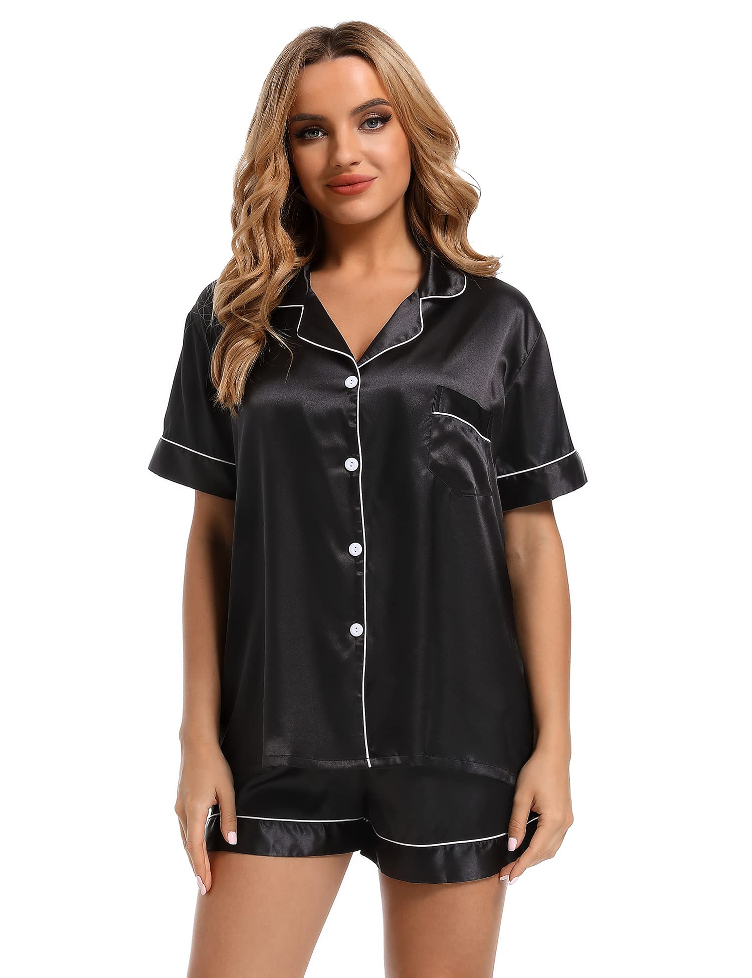Finvizo Womens Silk Satin Pajamas Set: Soft Short Sleeve Two-piece Pjs Silky Button-down Sleepwear Loungewear Shorts Set,Black M
