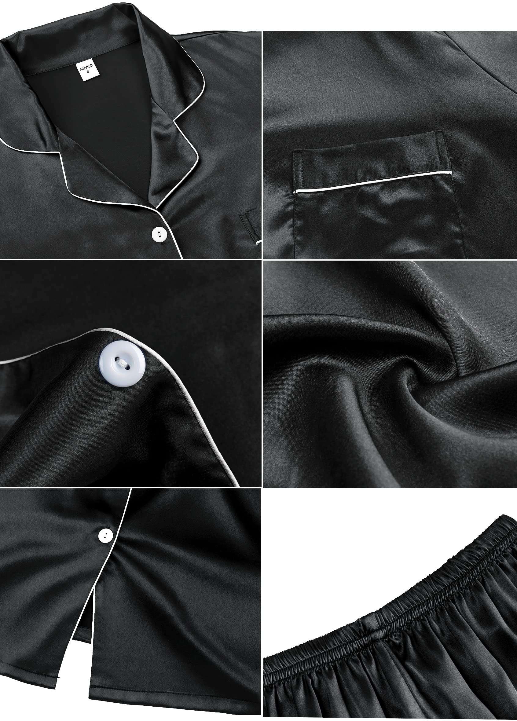 Finvizo Womens Silk Satin Pajamas Set: Soft Short Sleeve Two-piece Pjs Silky Button-down Sleepwear Loungewear Shorts Set,Black M