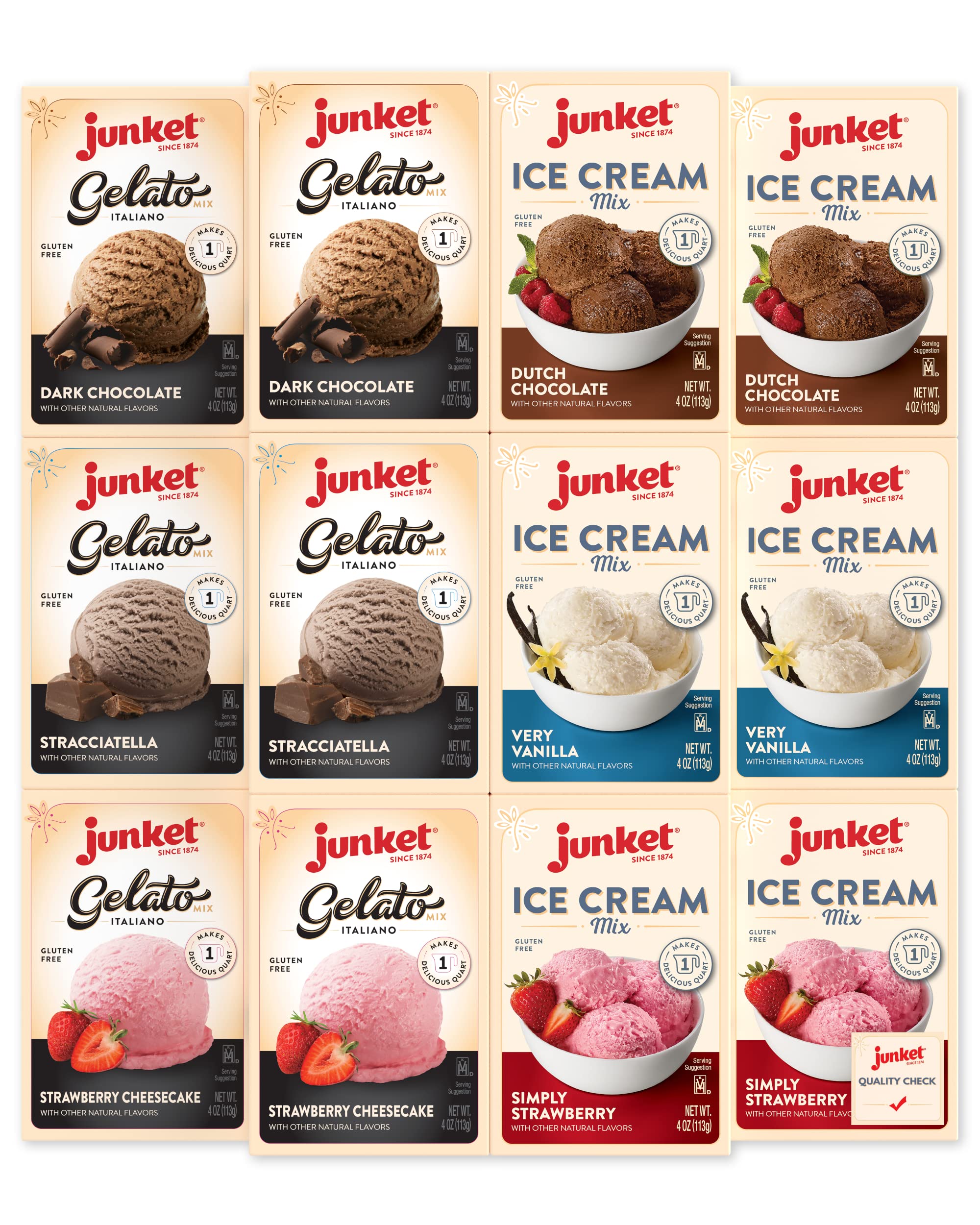Junket Ice Cream and Gelato Mix Ultimate Bundle: 2 Chocolate, 2 Strawberry, 2 Vanilla Ice Cream Mixes and 2 Stracciatella, 2 Dark Chocolate, 2 Strawberry Cheesecake Gelato Mixes (Variety Pack of 12)
