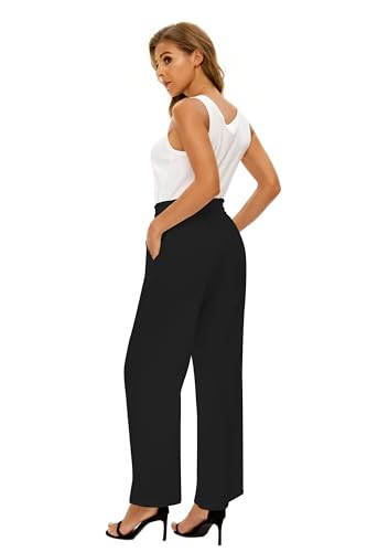LNX Linen Pants for Women High Waisted Wide Leg Drawstring Casual Loose Pants with Pockets Black