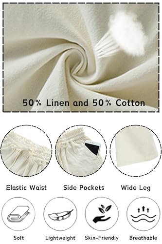 LNX Linen Pants for Women High Waisted Wide Leg Drawstring Casual Loose Pants with Pockets Black