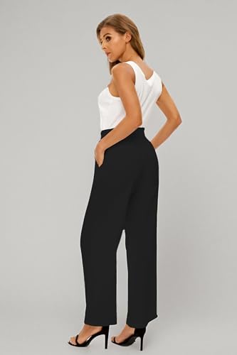 LNX Linen Pants for Women High Waisted Wide Leg Drawstring Casual Loose Pants with Pockets Black