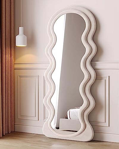 OGCAU Wavy Wall Mirror, 63"L x 24"W, White, Anti-rust, Shatterproof & Splash Proof, Modern or Contemporary, Bedroom Dressing Mirror