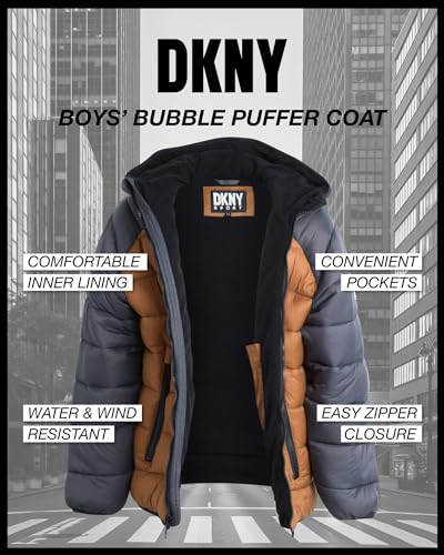 DKNY Boys' Winter Jacket - Midweight Polar Fleece Lined Quilted Insulated Parka Puffer Down Coat with Beanie Hat (Sizes:8-20), Size 10-12, Timber Tan/Charcoal