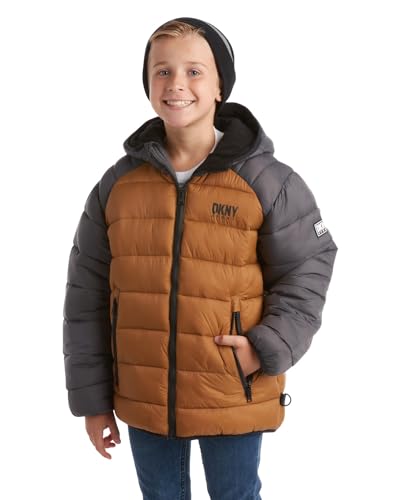 DKNY Boys' Winter Jacket - Midweight Polar Fleece Lined Quilted Insulated Parka Puffer Down Coat with Beanie Hat (Sizes:8-20), Size 10-12, Timber Tan/Charcoal