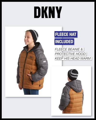 DKNY Boys' Winter Jacket - Midweight Polar Fleece Lined Quilted Insulated Parka Puffer Down Coat with Beanie Hat (Sizes:8-20), Size 10-12, Timber Tan/Charcoal