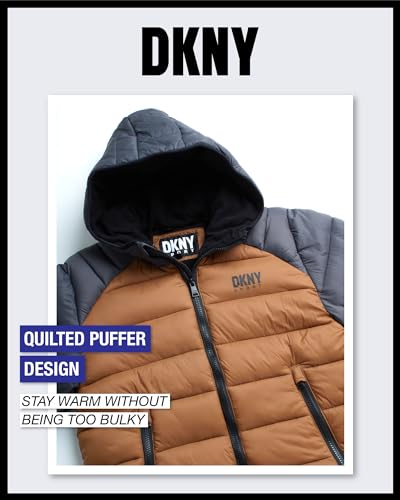 DKNY Boys' Winter Jacket - Midweight Polar Fleece Lined Quilted Insulated Parka Puffer Down Coat with Beanie Hat (Sizes:8-20), Size 10-12, Timber Tan/Charcoal